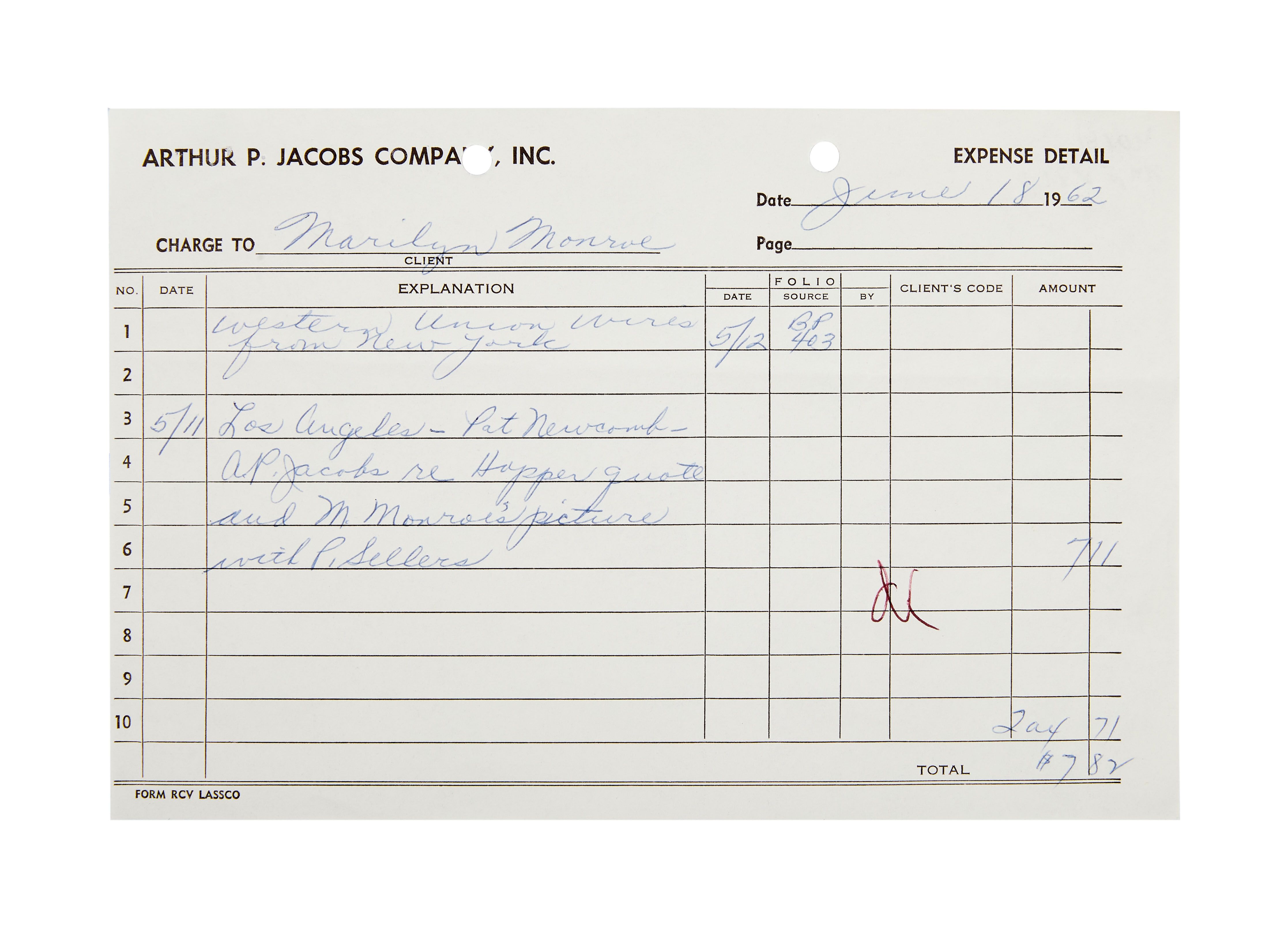 Marilyn Monroe | 1962 Invoice from Arthur P. Jacobs Company, Inc.