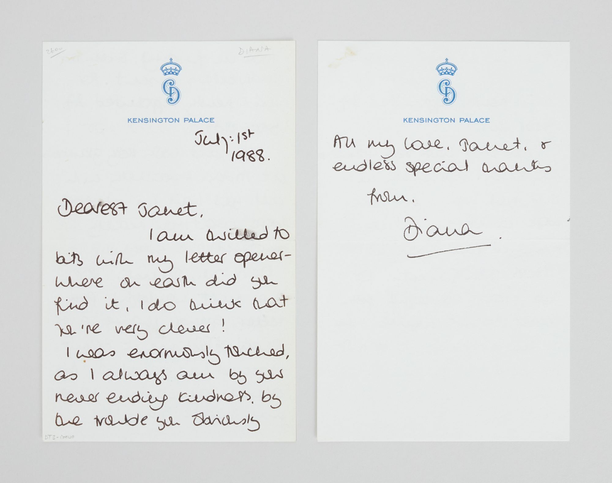 Princess Diana | 1988 Handwritten Letter to Janet Filderman