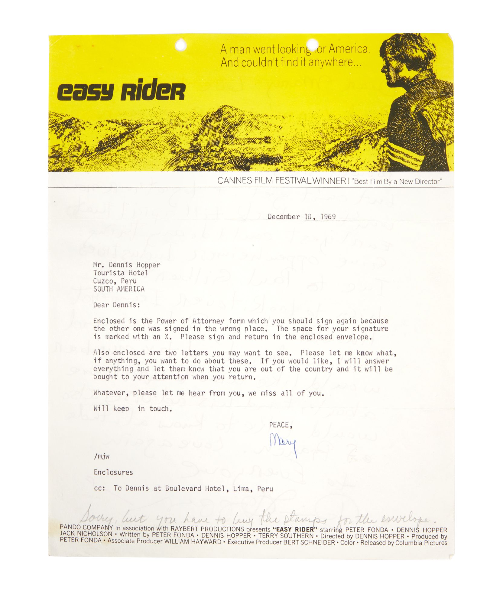 Dennis Hopper | 1969 Handwritten Letter on the Verso of "Easy Rider ...