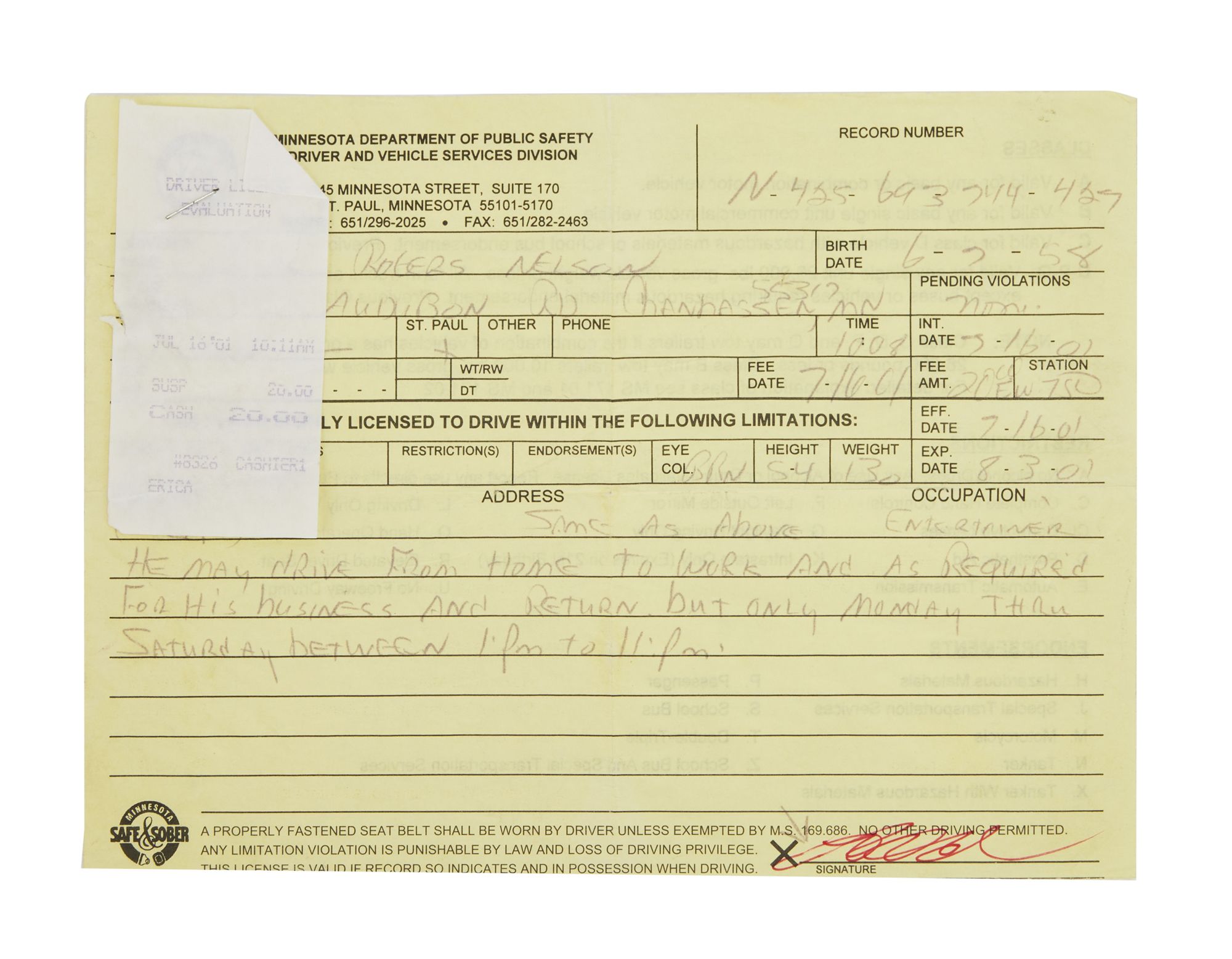 Prince | 2001 Signed Temporary Drivers License Evaluation Document with ...