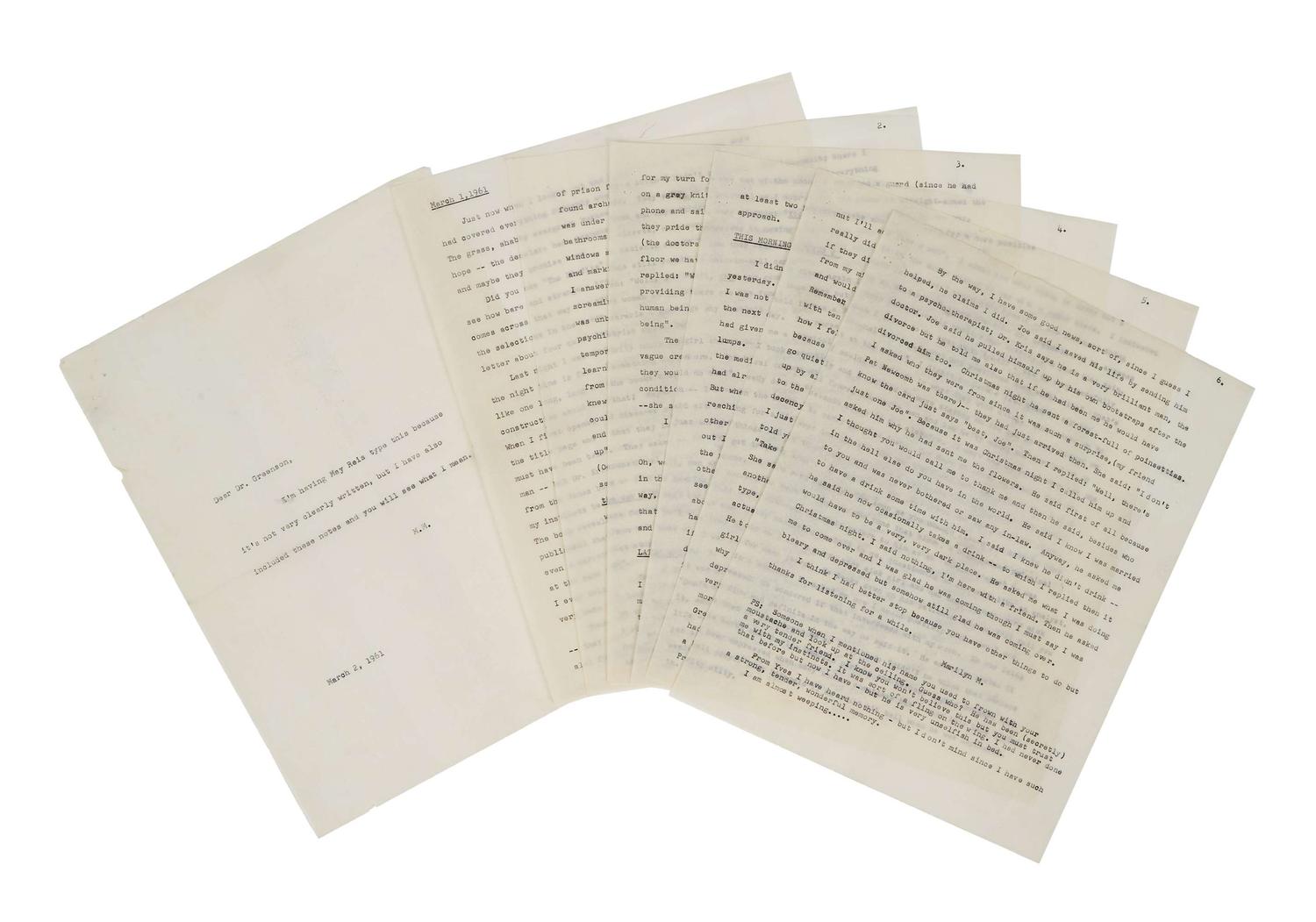 Marilyn Monroe | 1961 Revealing and Very Sad File Copy Letter to Dr ...