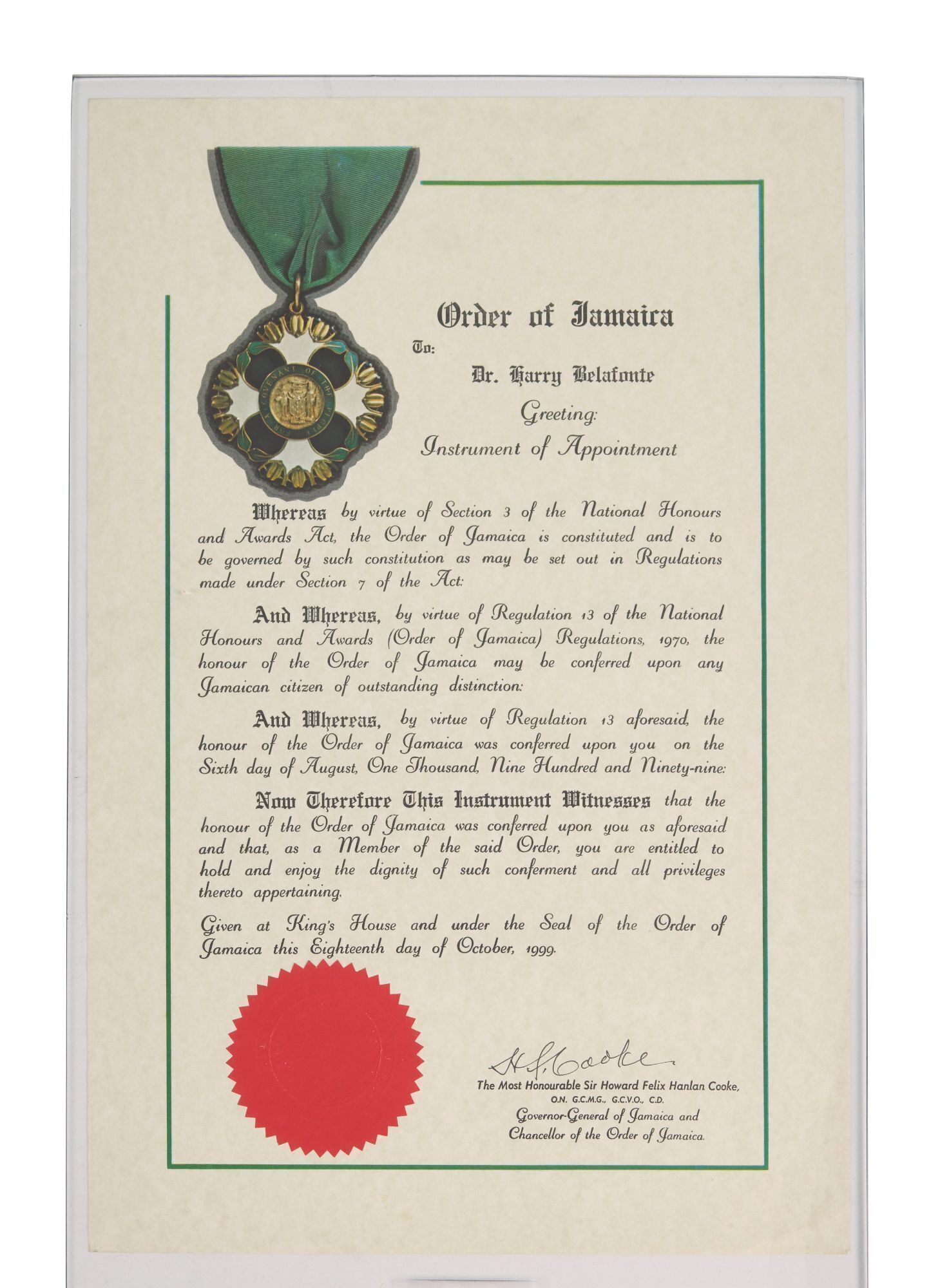Harry Belafonte | Instrument of Appointment Jamaica Certificate