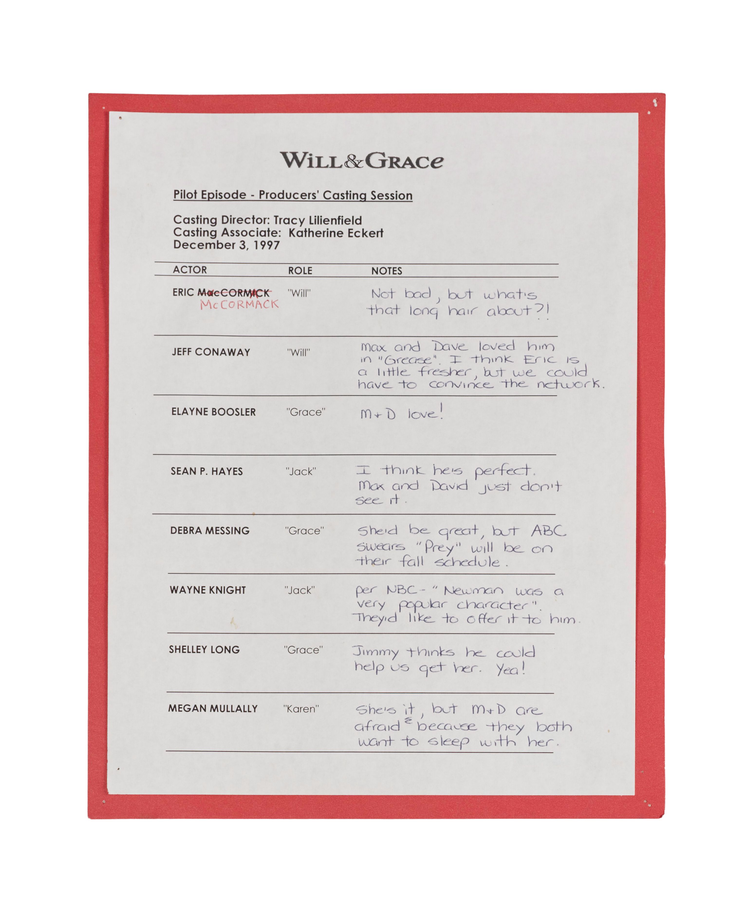 Will & Grace | Possibly Satirical Pilot Episode Casting Sheet Which ...