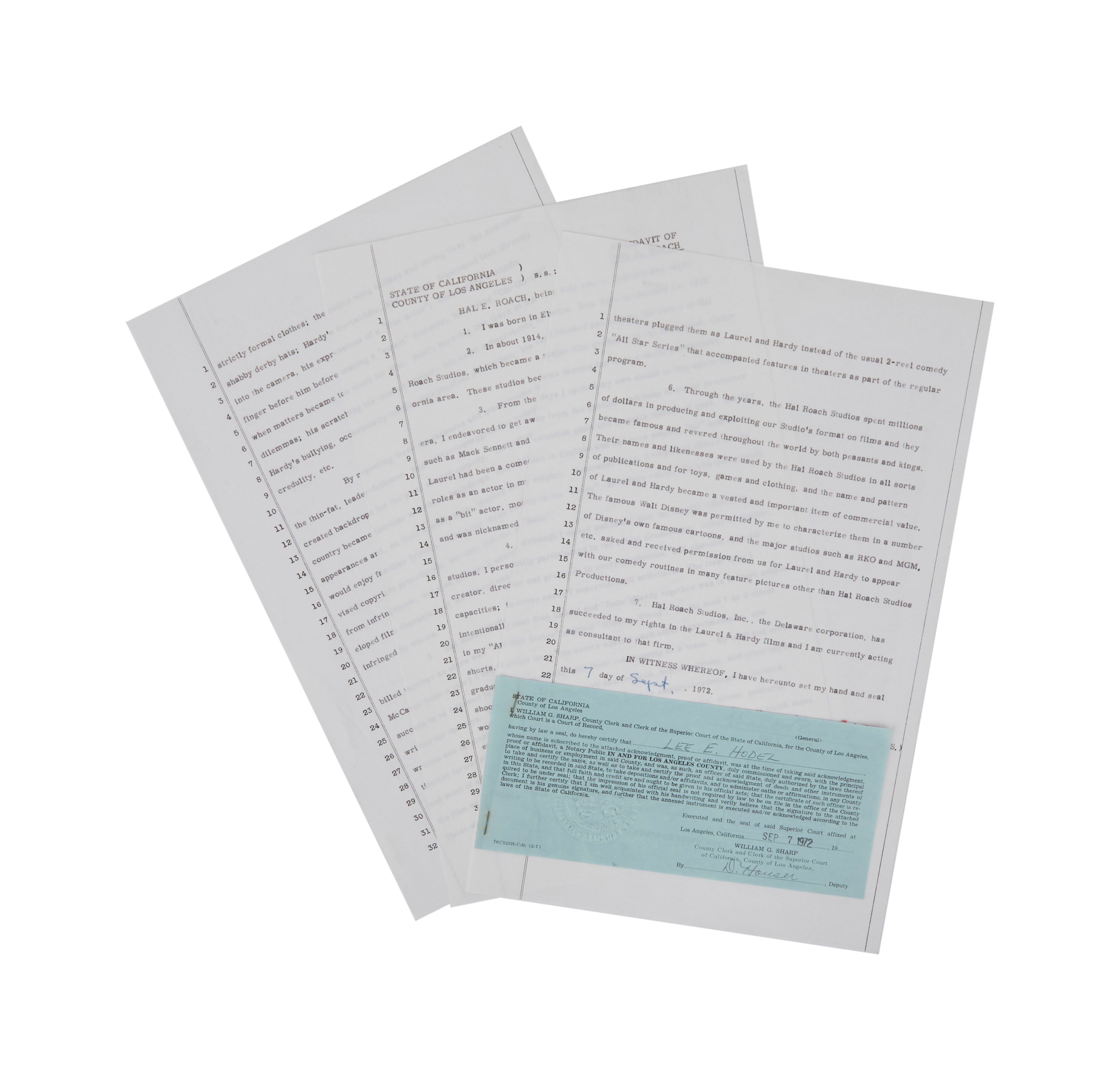Hal Roach | 1972 Signed Affidavit Related to Laurel and Hardy