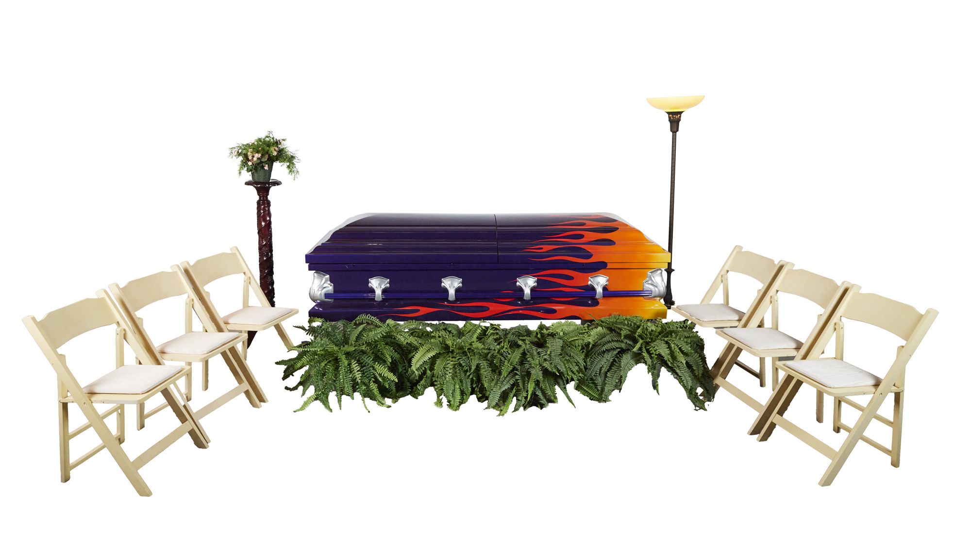 Six Feet Under | Biker Casket, Torchiere Floor Lamp, Funeral Folding Chairs