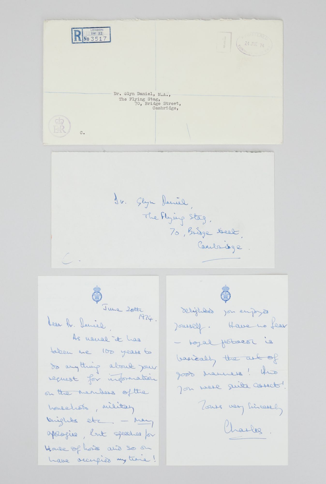 King Charles III | 1974 Signed, Handwritten Letter to Dr. Glyn Daniel