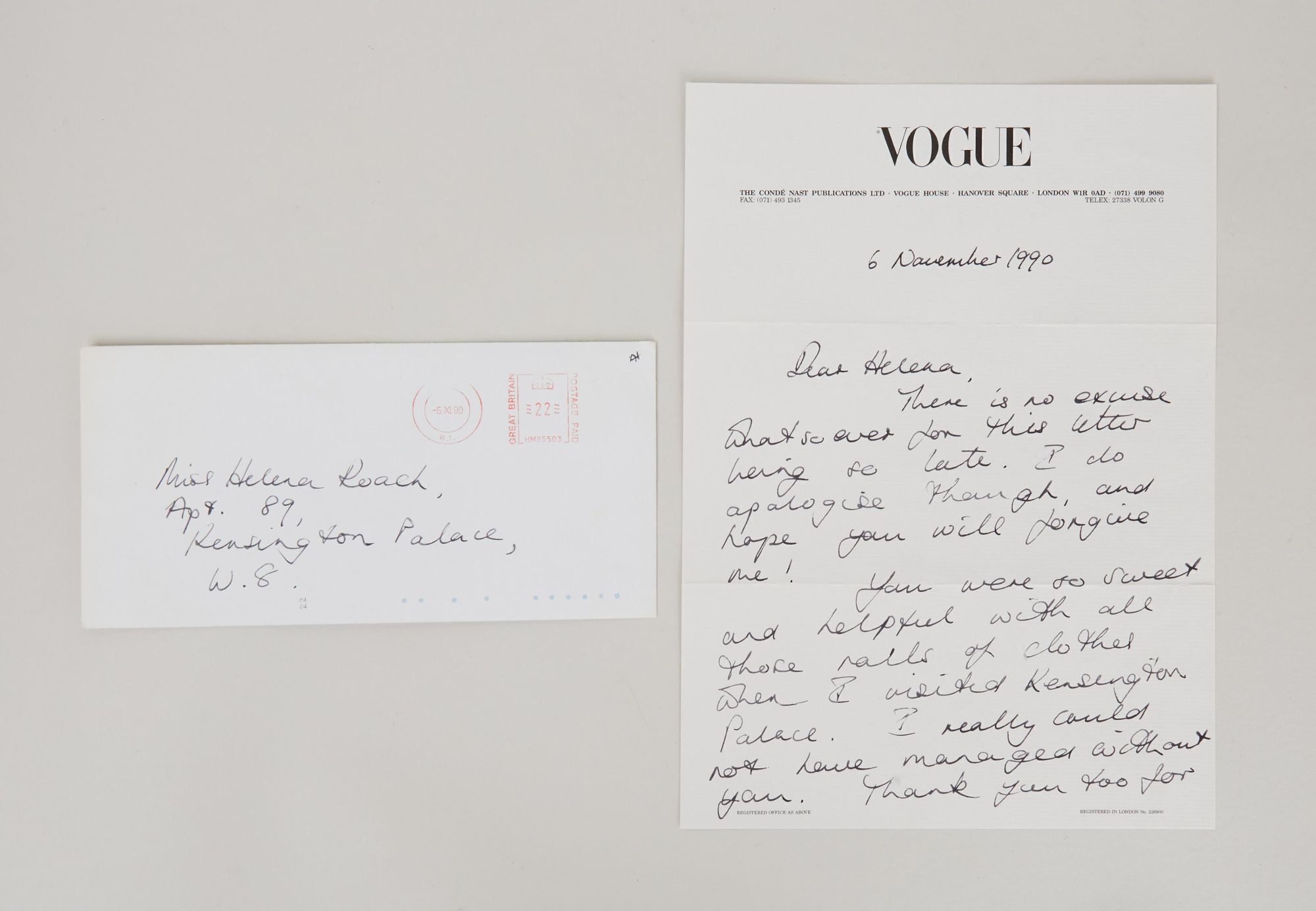 Princess Diana | 1990 Vogue House Letter from Anna Harvey to Helena Roach