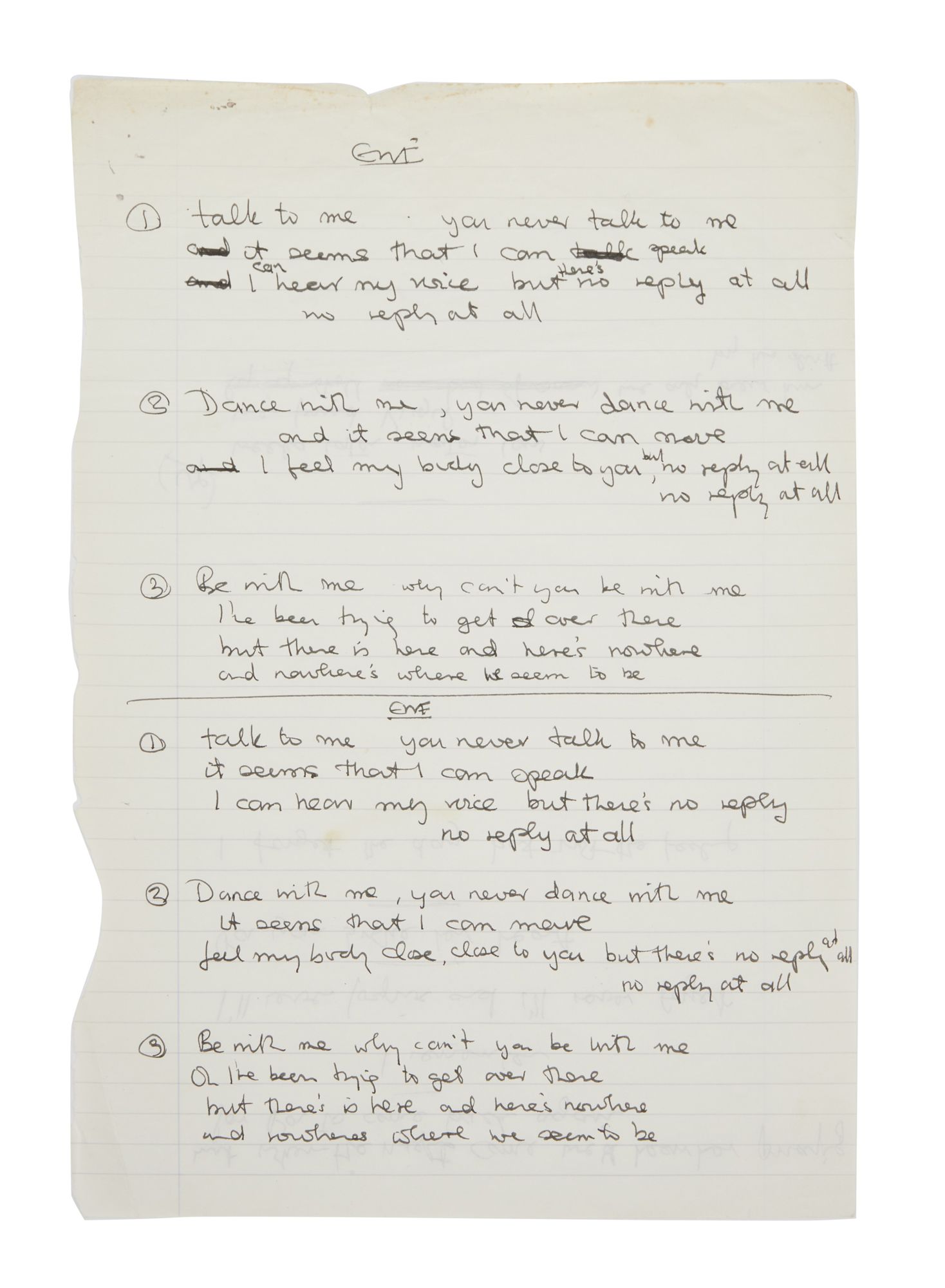 Genesis | 1981 Phil Collins Handwritten "No Reply At All" Working Lyrics
