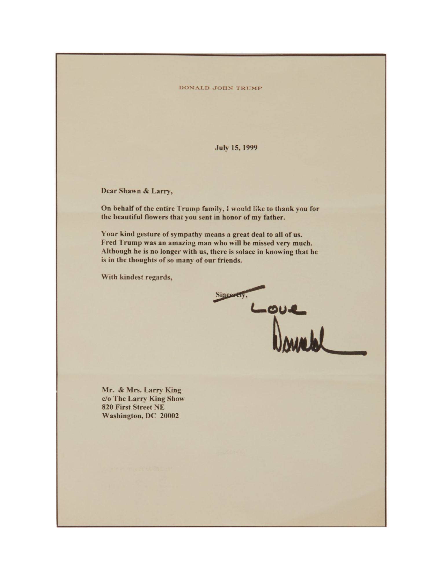 Larry King | 1999 Donald Trump Signed Letter