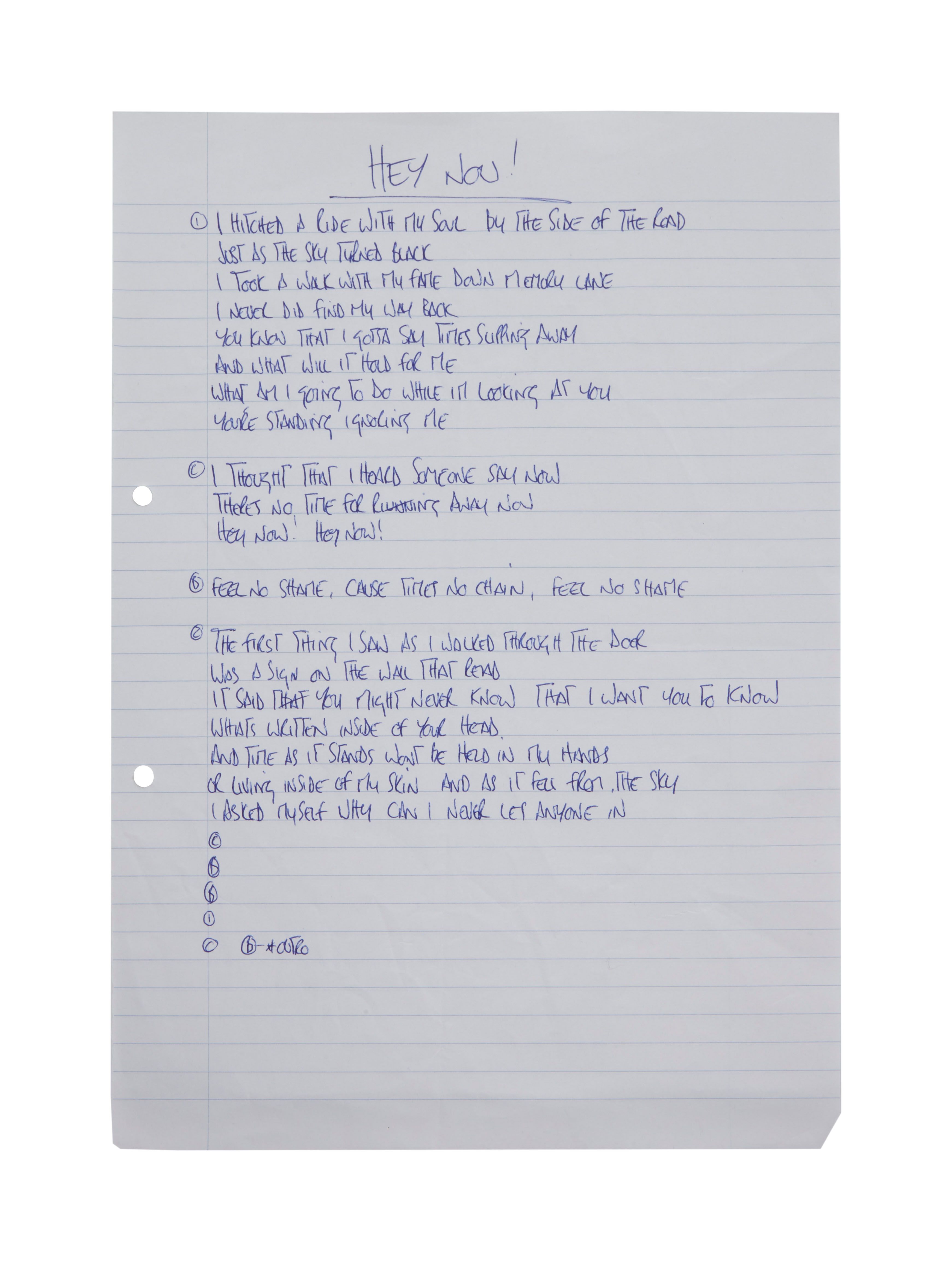 Oasis | Noel Gallagher "Hey Now" Handwritten Lyrics