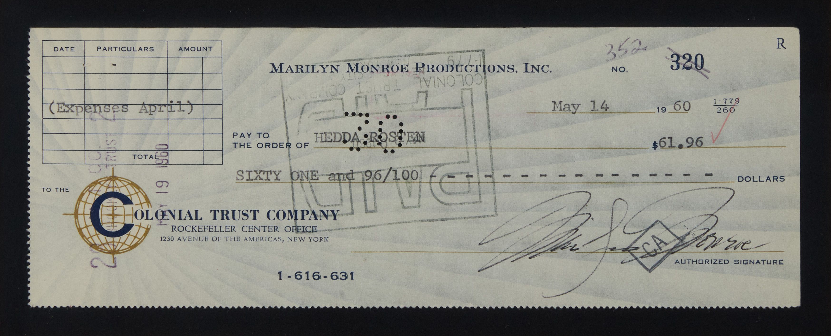 Marilyn Monroe | 1960 Signed Check