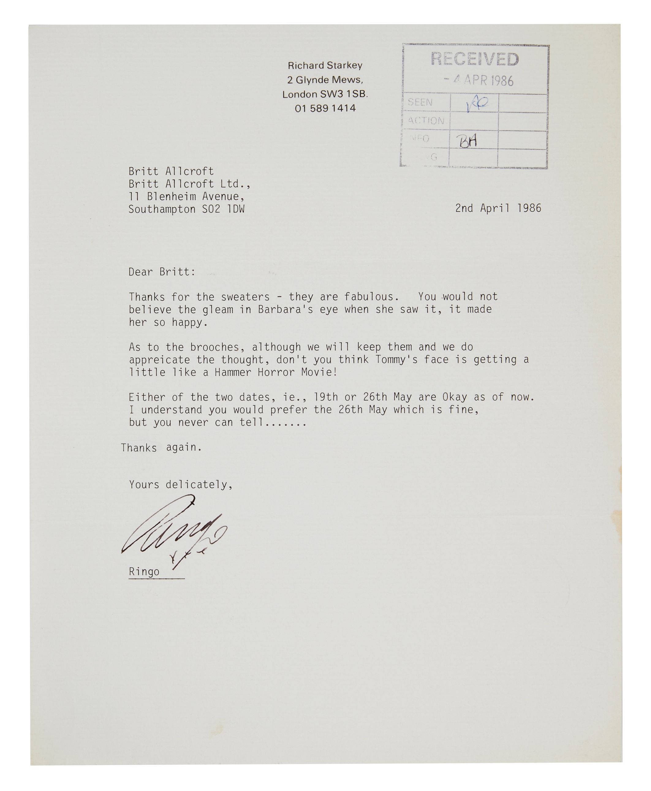 Thomas & Friends | Ringo Starr Signed Letter