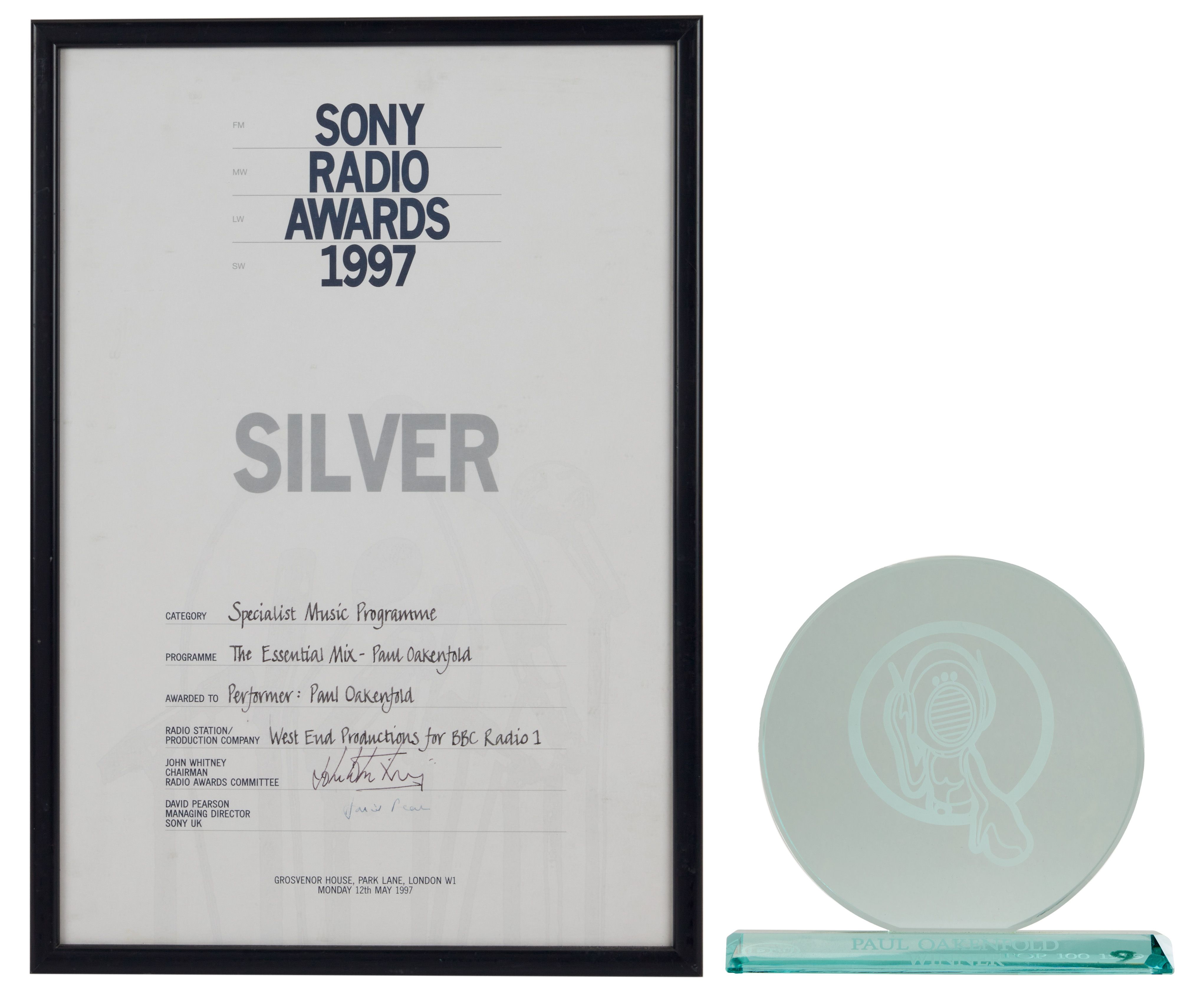 Paul Oakenfold | 1997 Sony Radio Awards "Silver" Certificate and 1999 ...