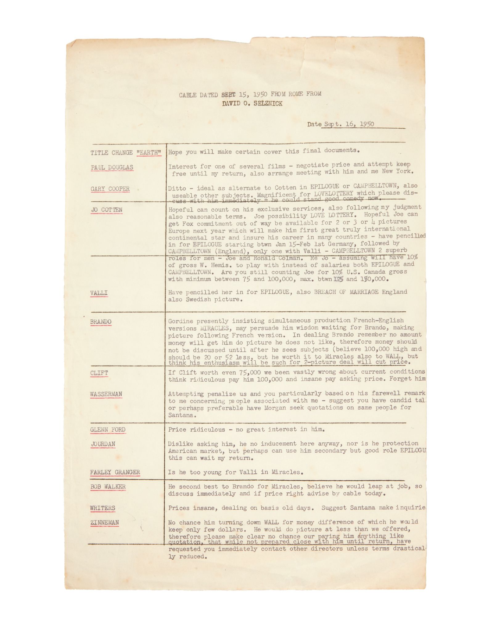 David O. Selznick | 1950 Candid Notes about Marlon Brando, Montgomery ...