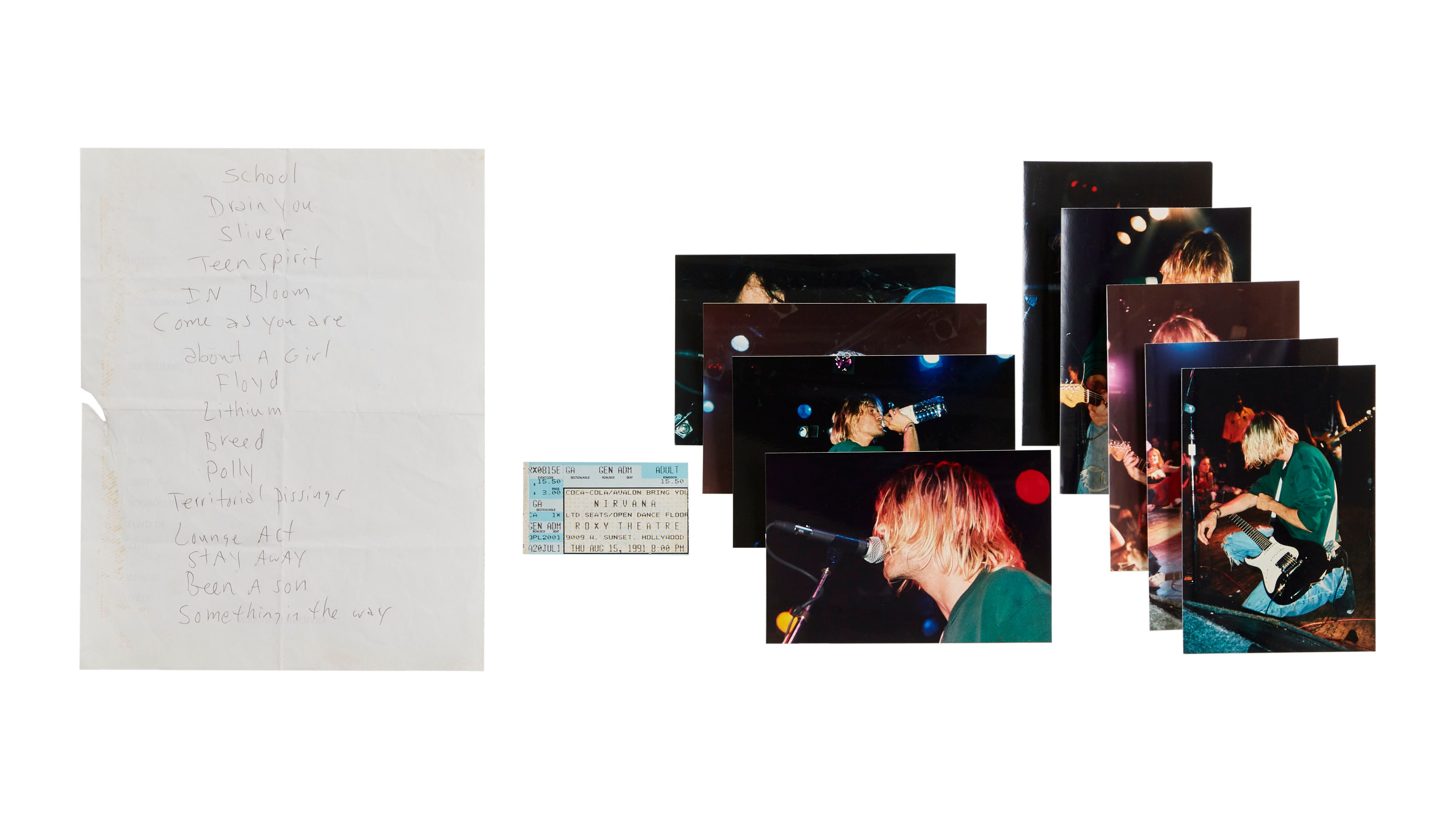 Nirvana | 1991 Kurt Cobain Handwritten Set List with Ticket Stub and Unpublished Photos