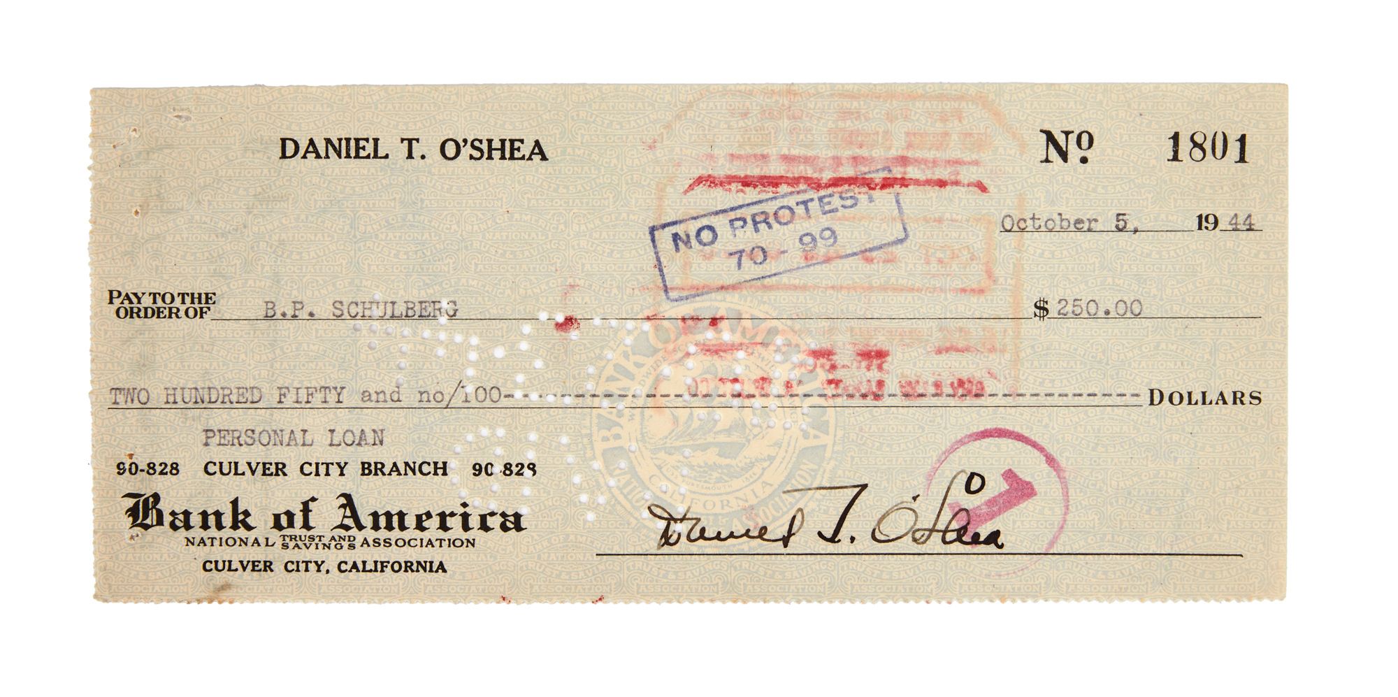 B.P. Schulberg | 1944 Endorsed Check