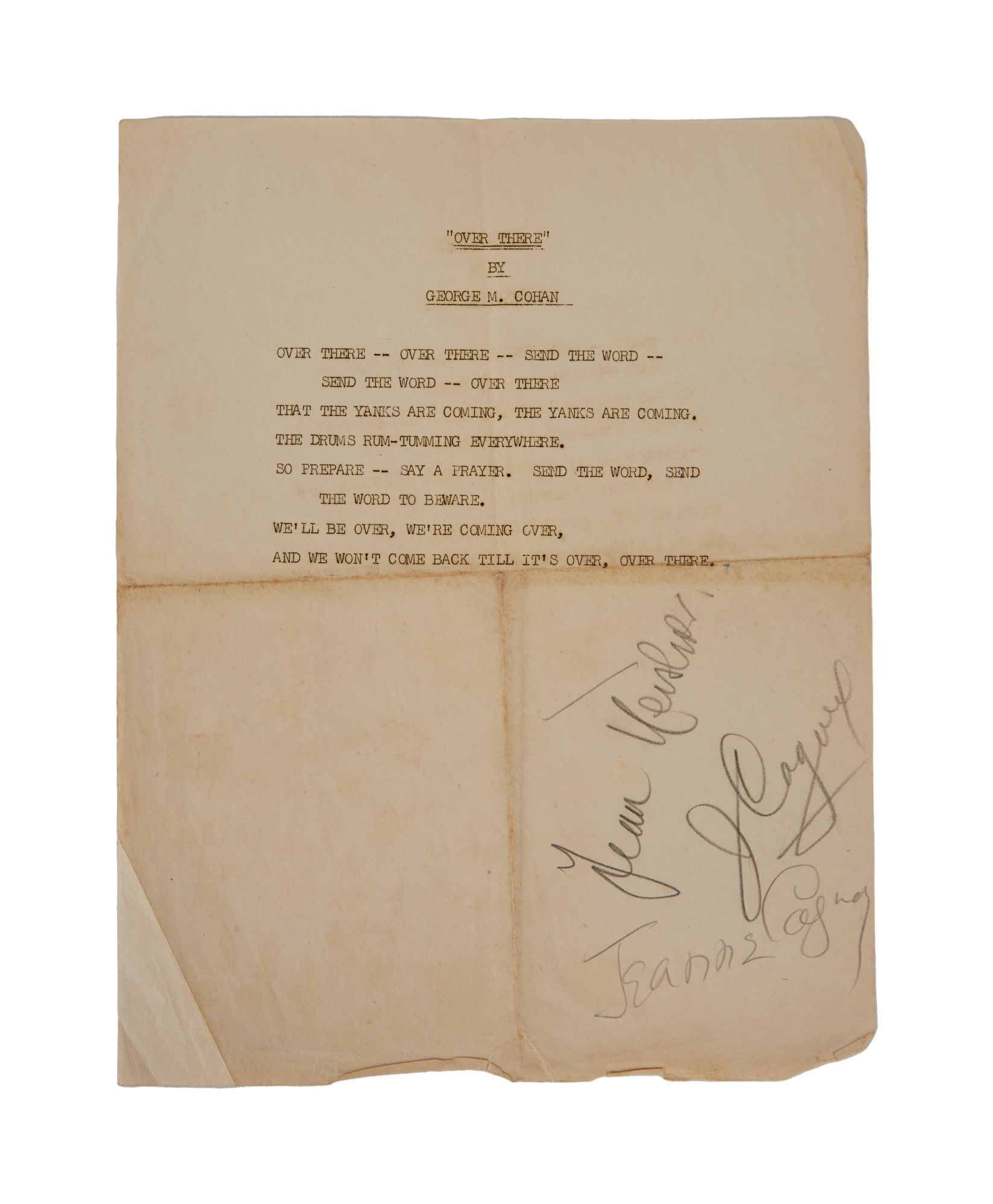 James Cagney | Signed Lyric Sheet for the Song "Over There"